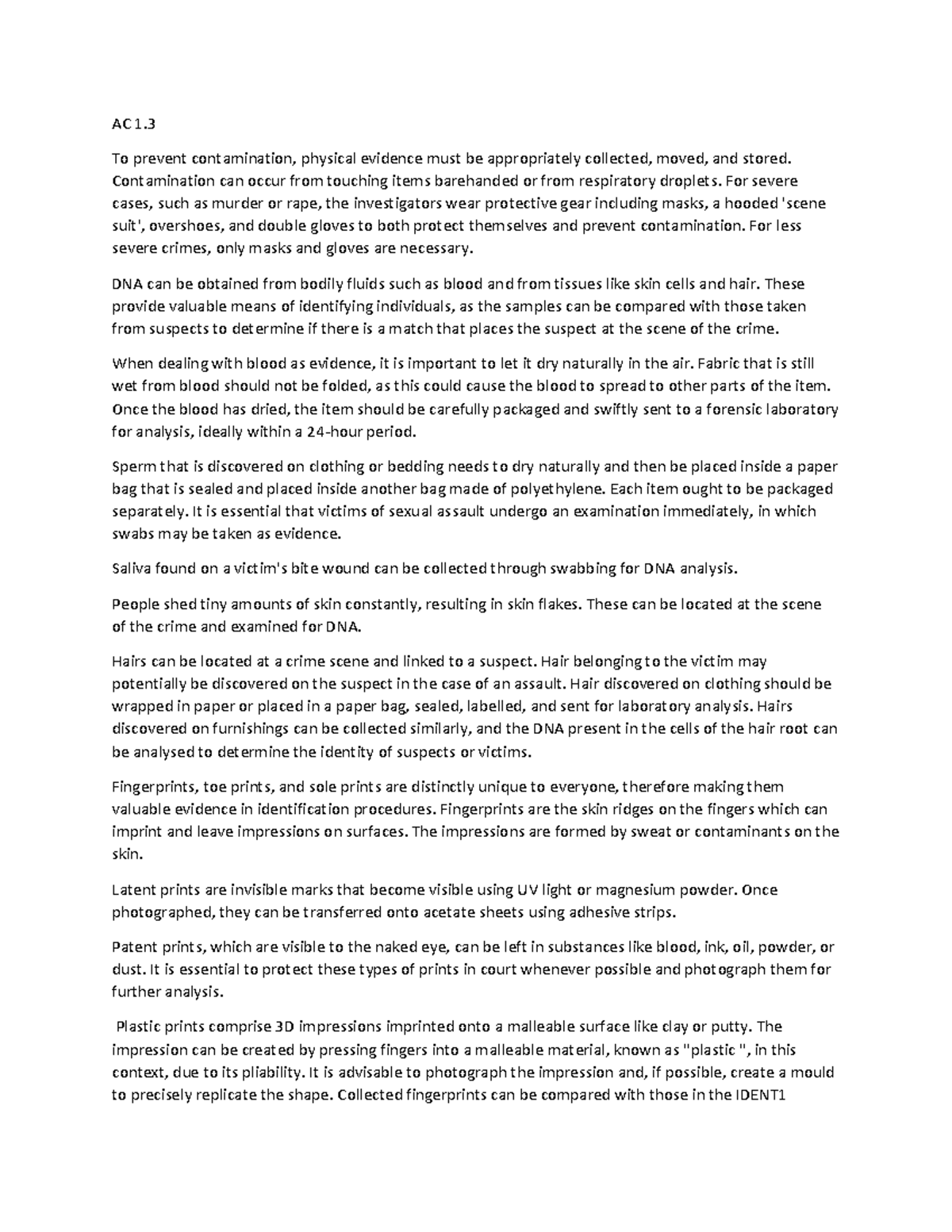 AC 1.3 paragraph - notes - AC 1. To prevent contamination, physical ...