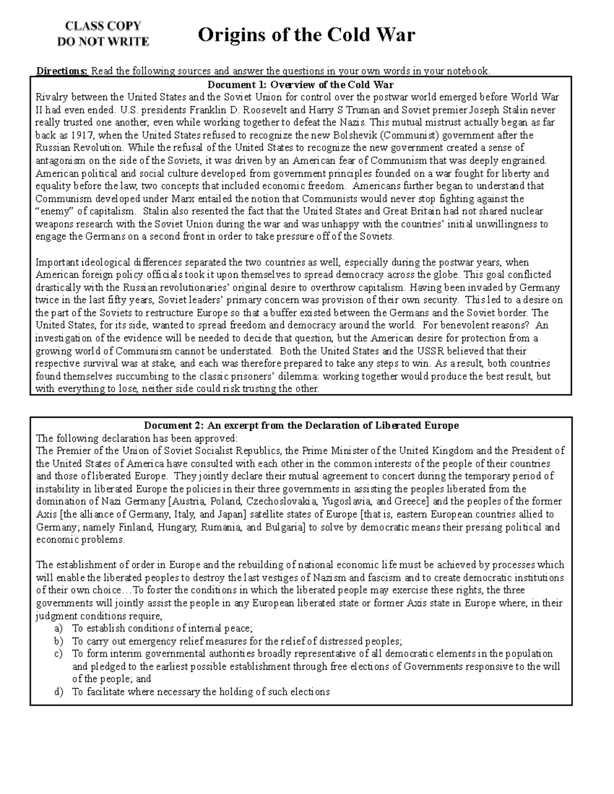 Origins of the Cold War - Origins of the Cold War Directions: Read the ...