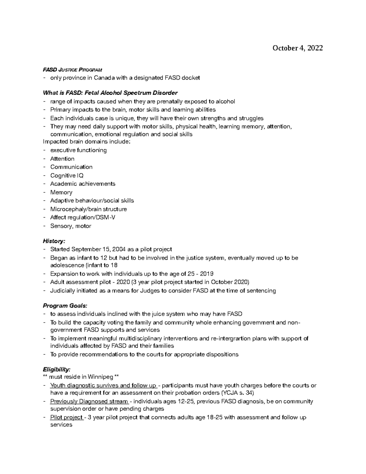 FASD Class notes - Guest lecture - October 4, 2022 FASD JUSTICE PROGRAM ...