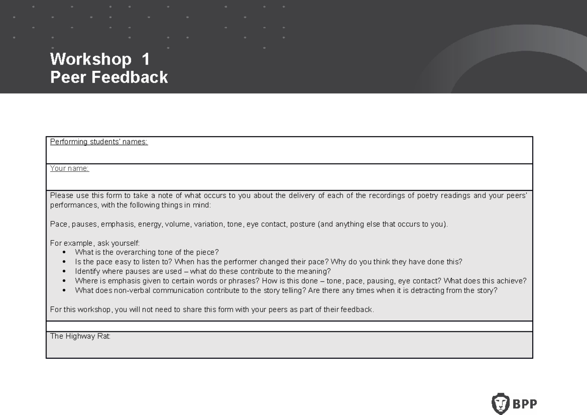 Adv Collaborate Peer review task - Workshop 1 Peer Feedback Performing ...