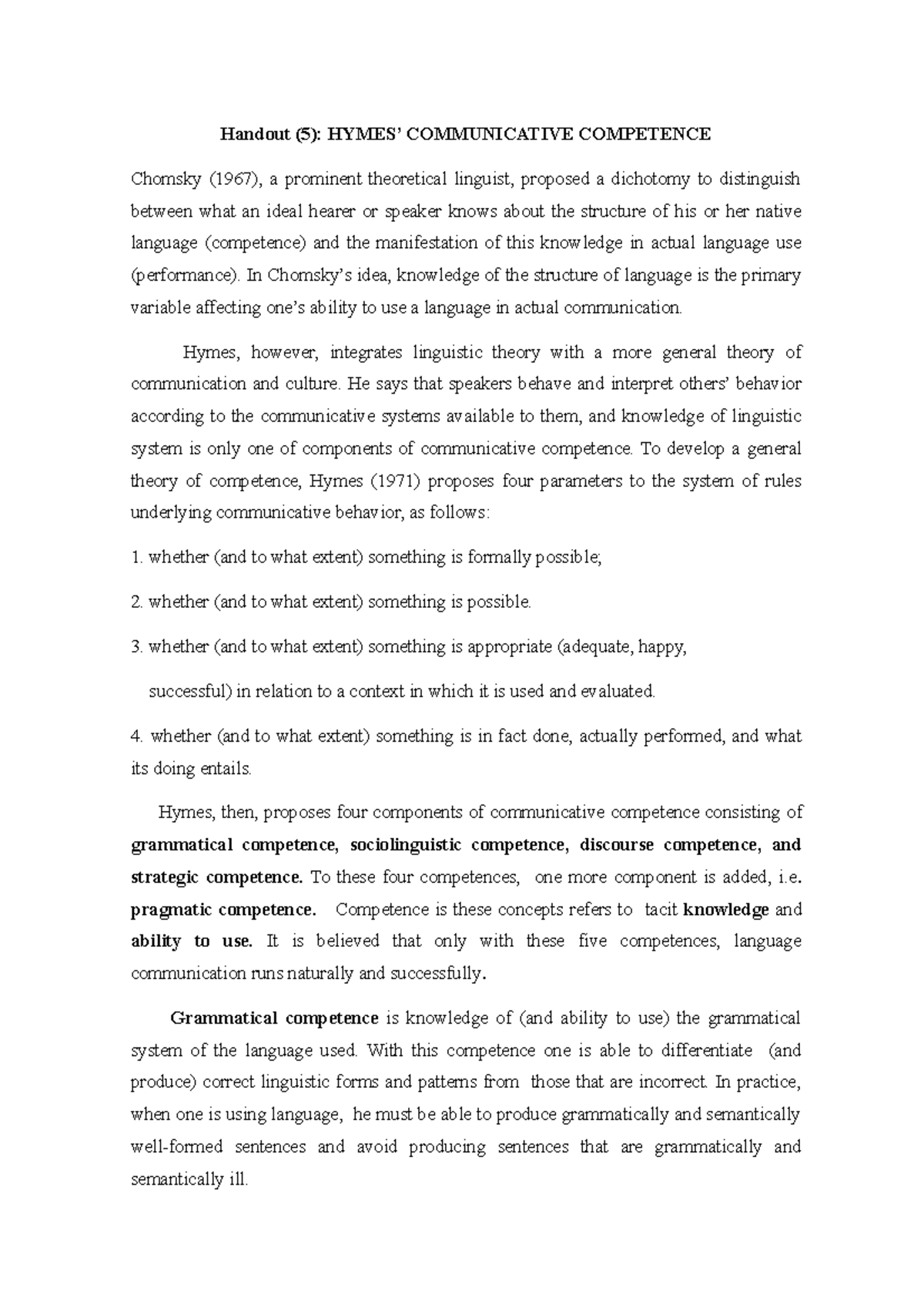 Handout (5) Hymes’ Communicative Competence - Handout (5): HYMES ...