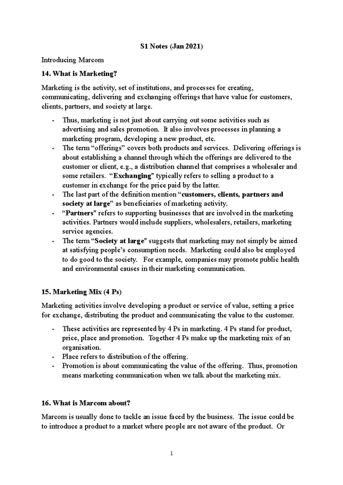 S1 lecture notes- overview - S1 Notes (Jan 2021) Introducing Marcom 14 ...