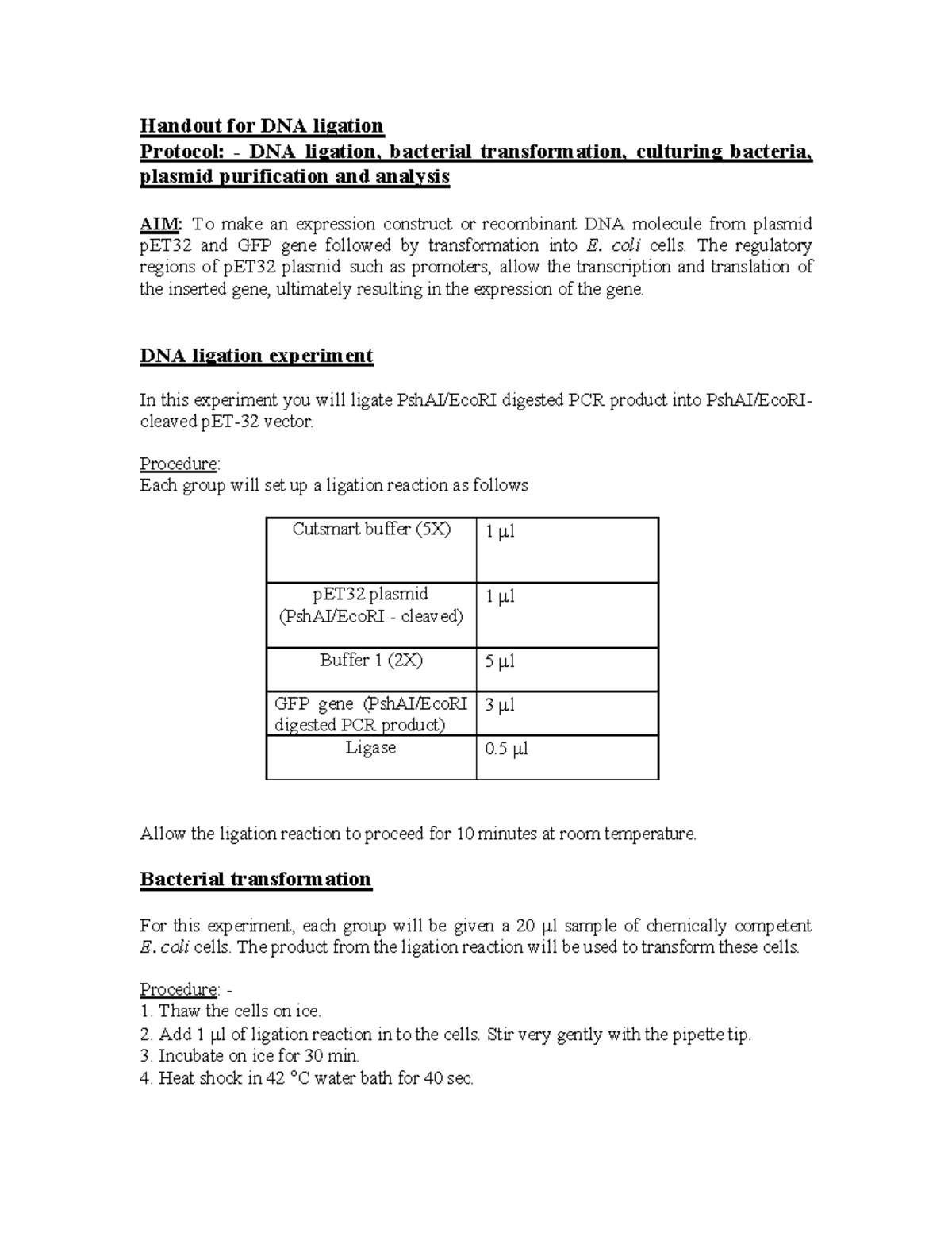 Handout 6 - Ronning - Handout for DNA ligation Protocol: - DNA ligation ...