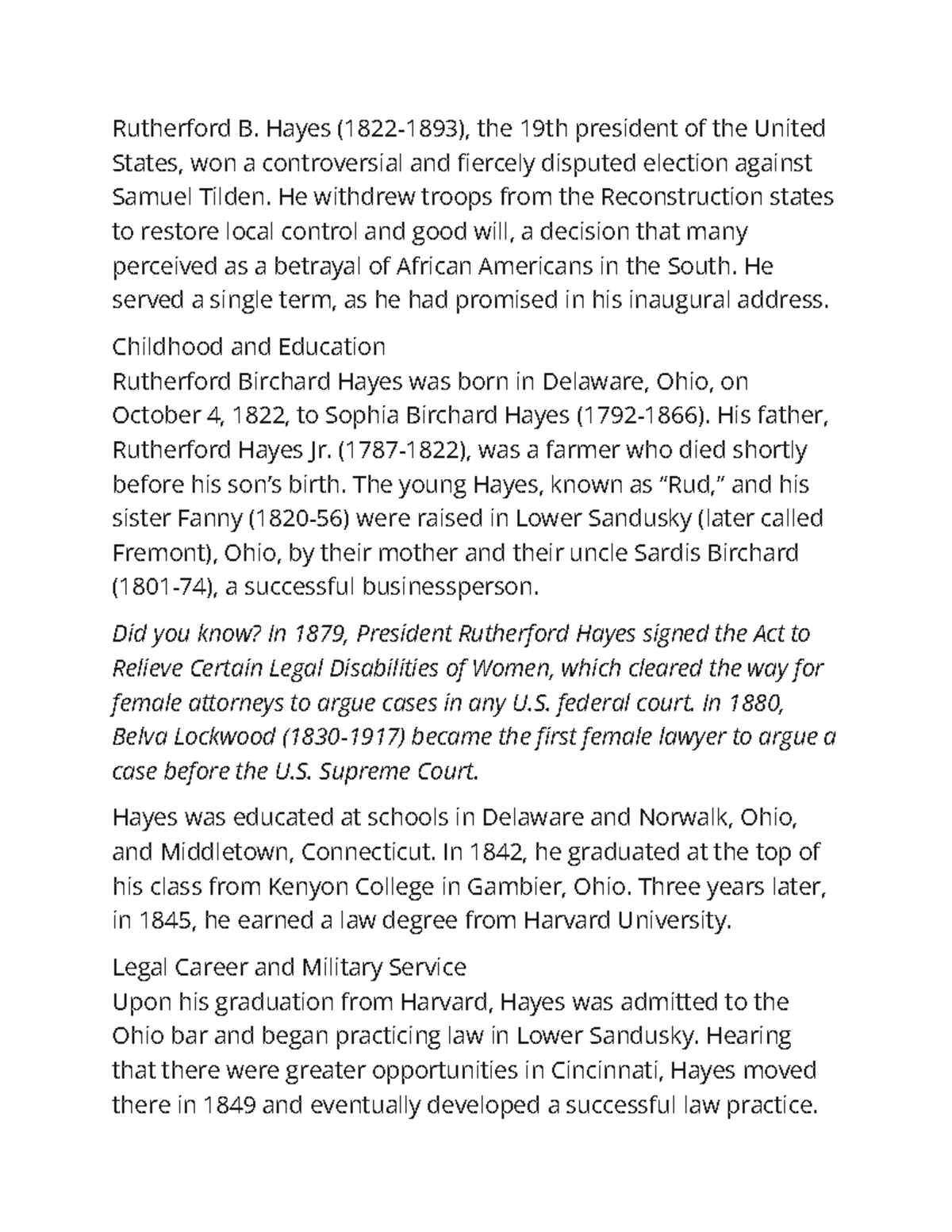 Rutherford B. Hayes - Lecture Notes - Rutherford B. Hayes (1822-1893 ...