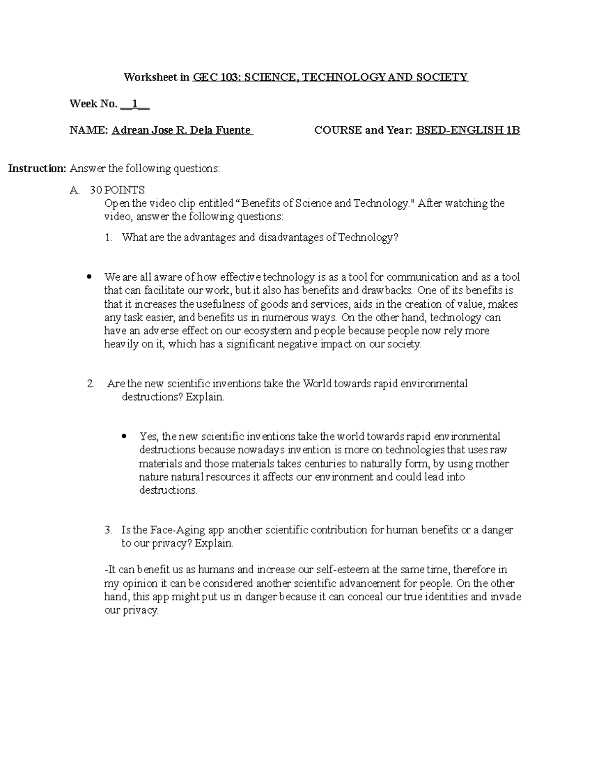 Gec - nope - Worksheet in GEC 103: SCIENCE, TECHNOLOGY AND SOCIETY Week ...