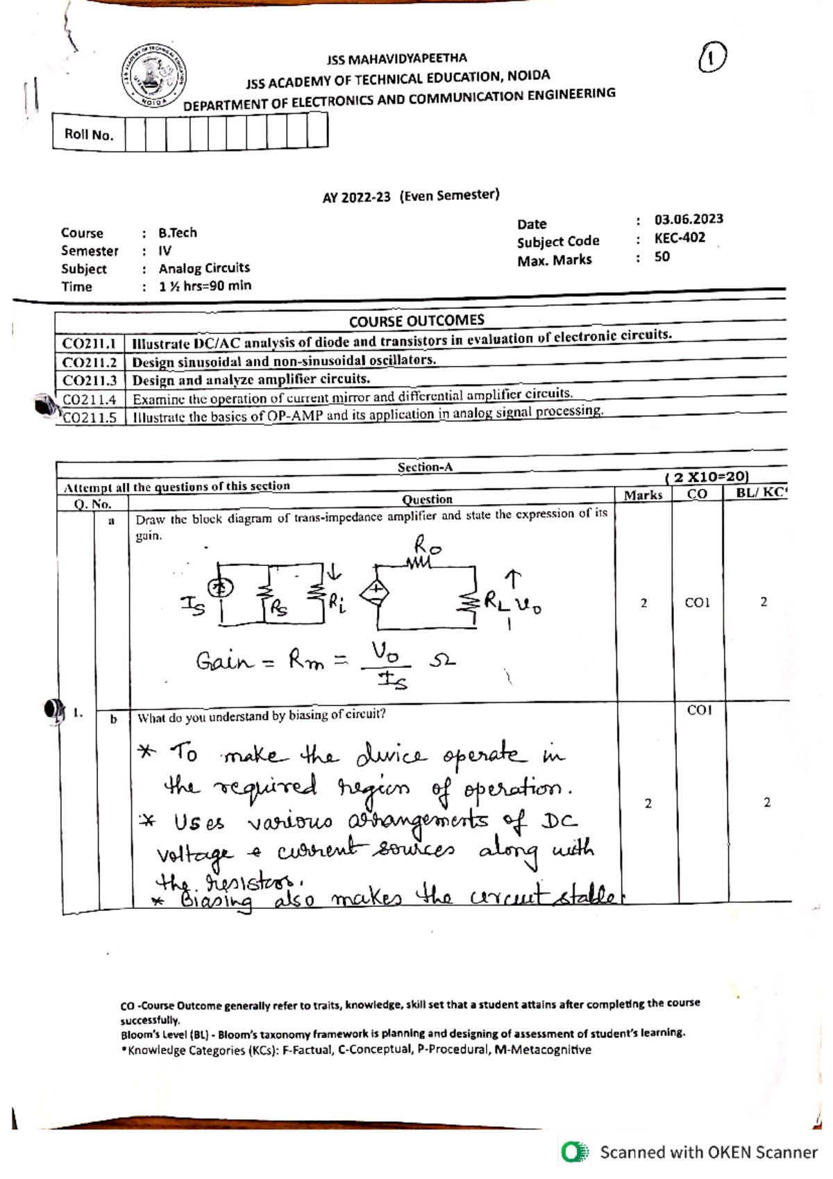 Analog Circuit CIA1 Solution - B.tech - Studocu