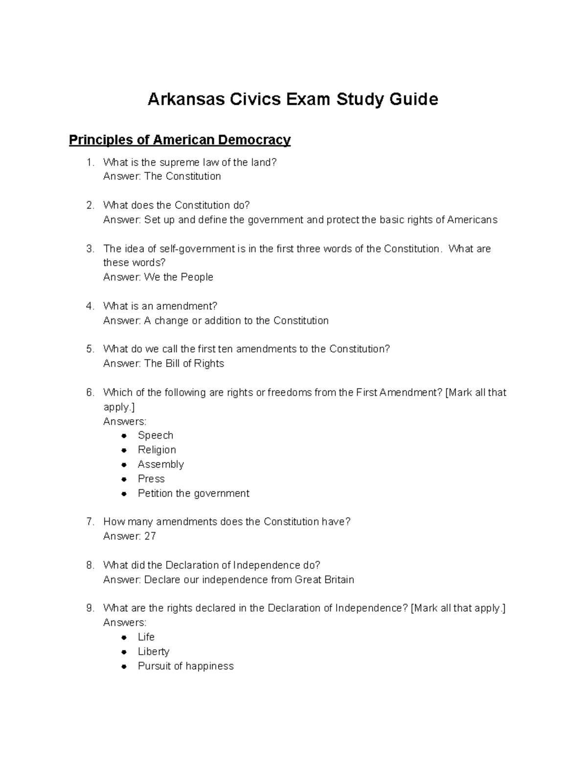 Civics Exam study guide-R1570 - Arkansas Civics Exam Study Guide ...
