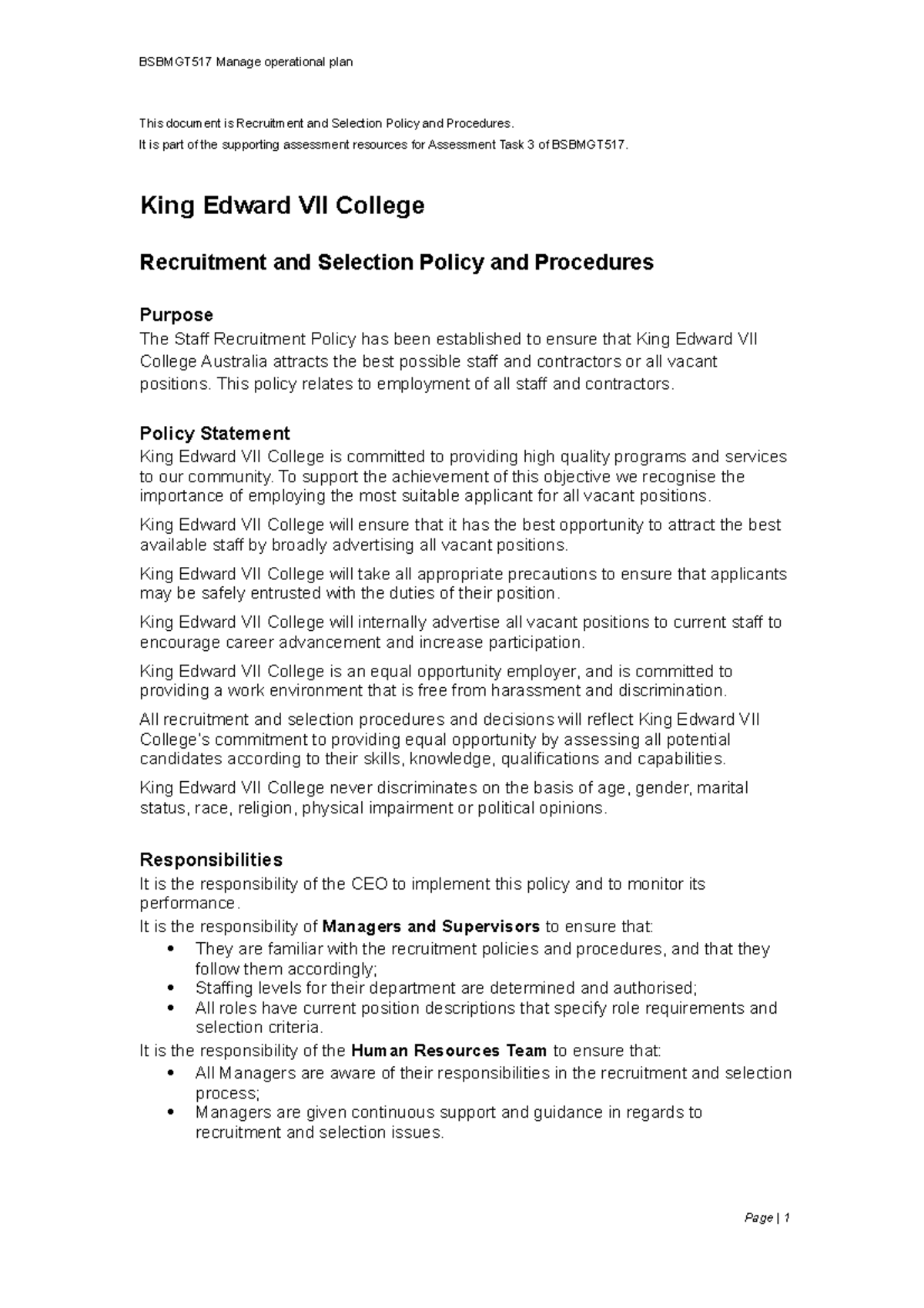 Recruitment and Selection Policy and Procedures - It is part of the ...