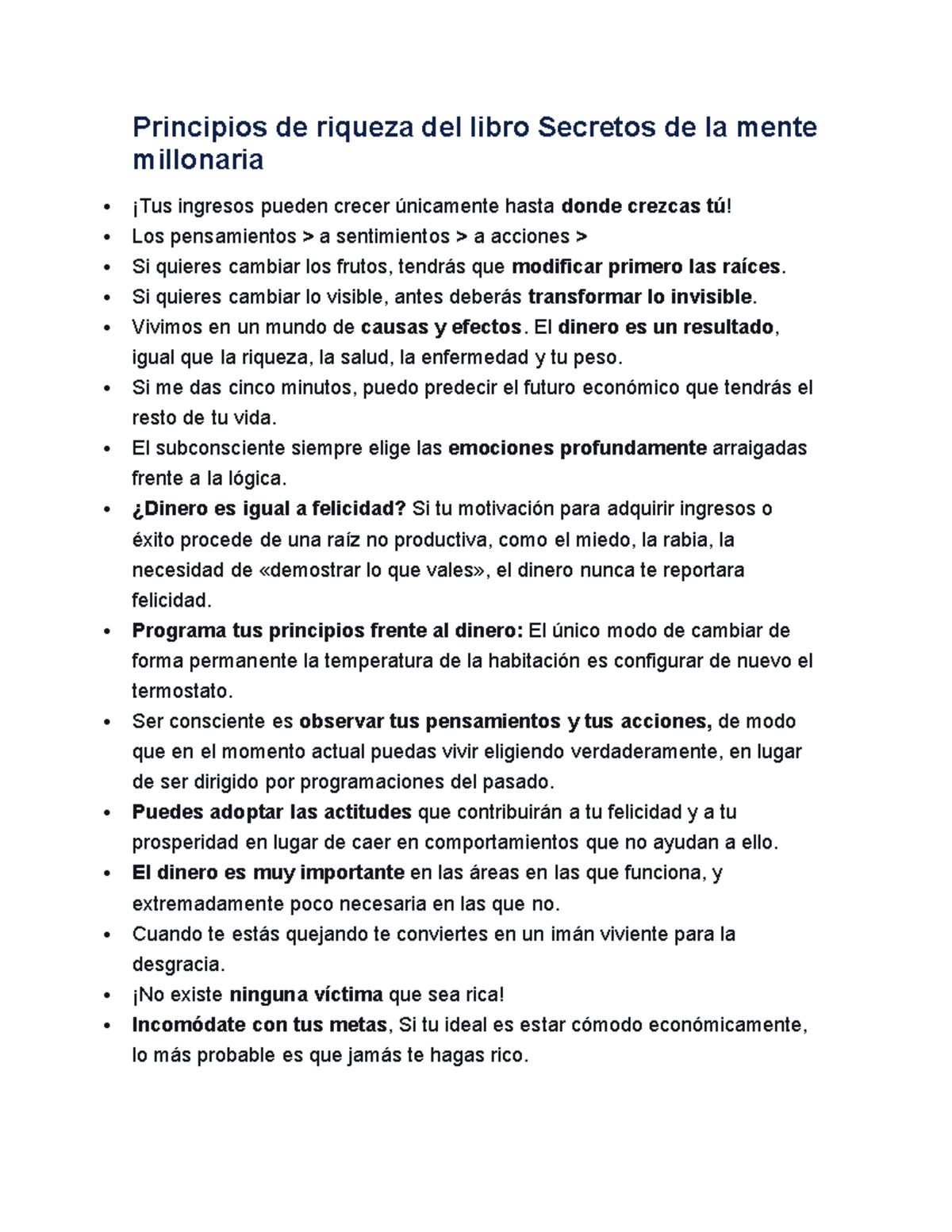 Principios de riqueza del libro Secretos de la mente millonaria - Si ...