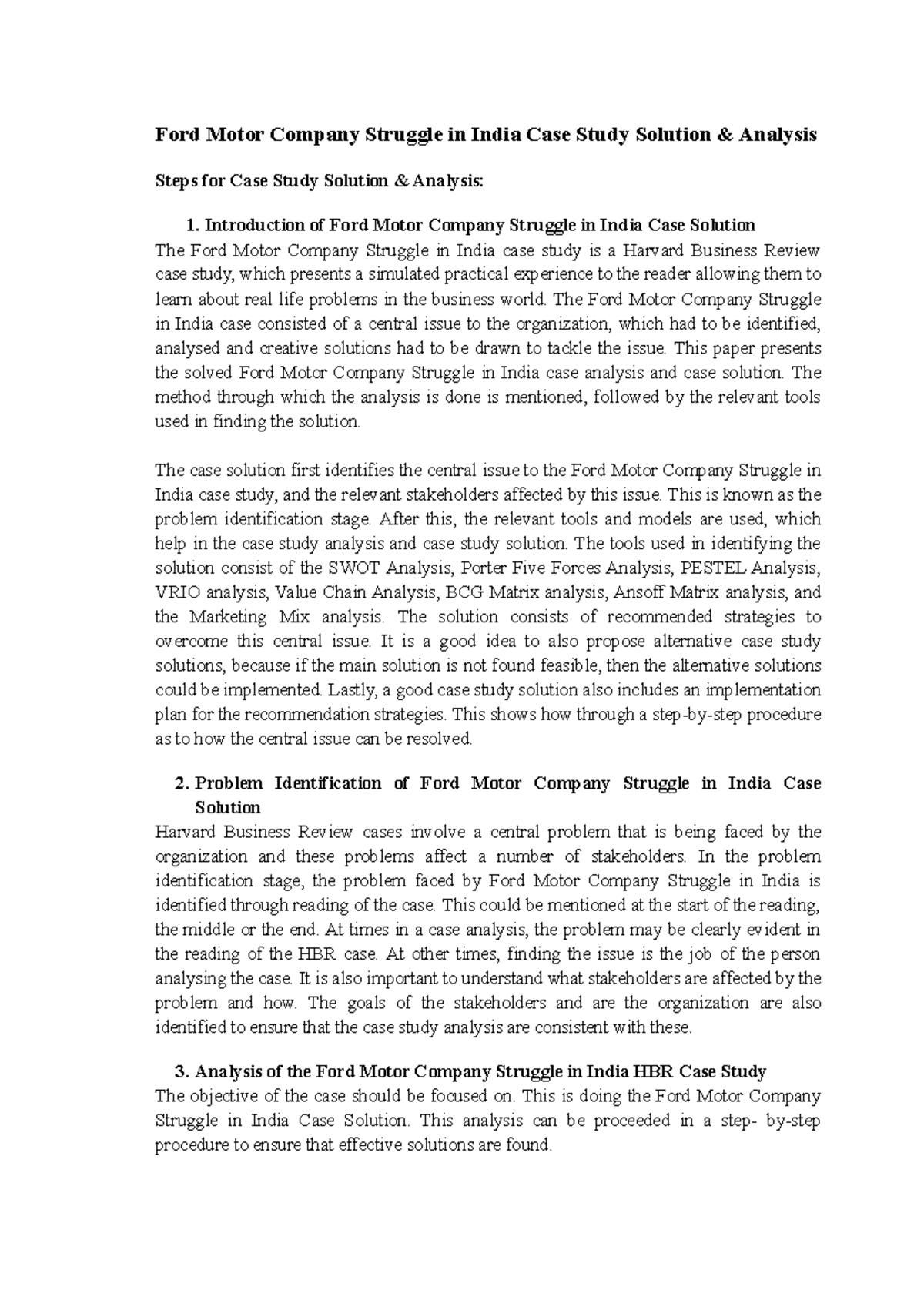 Ford Analysis - the group case studies - Ford Motor Company Struggle in ...