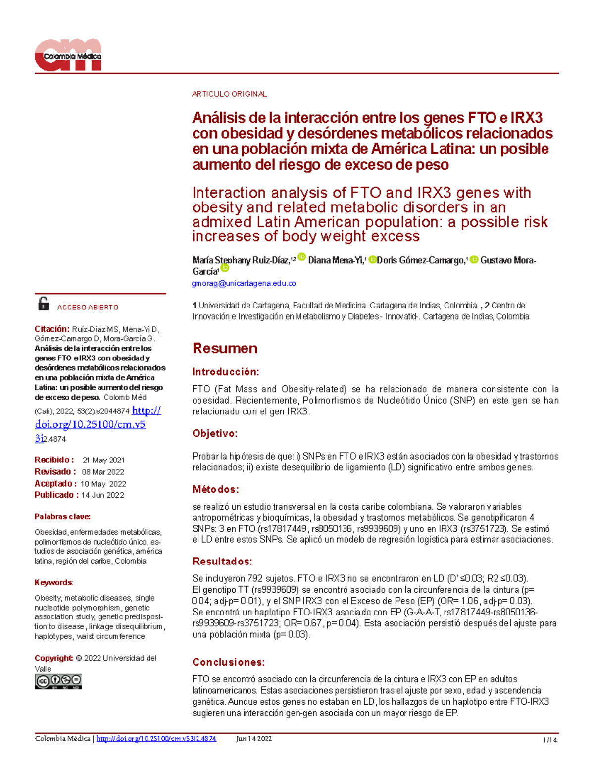 Análisis de la interacción entre los genes FTO e IRX3 con obesidad y ...
