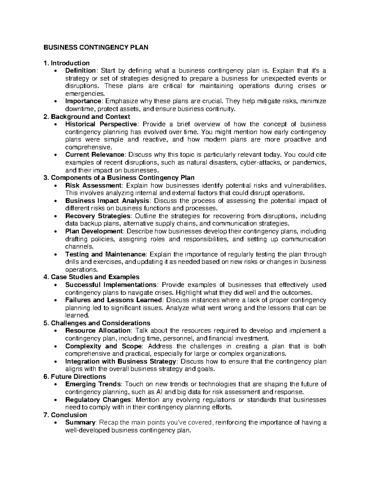 Business COntingency plans - BUSINESS CONTINGENCY PLAN 1. Introduction ...