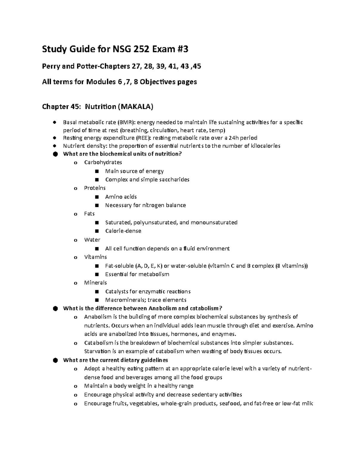 Study Guide for NSG 252 Exam FA19 - Study Guide for NSG 252 Exam Perry ...