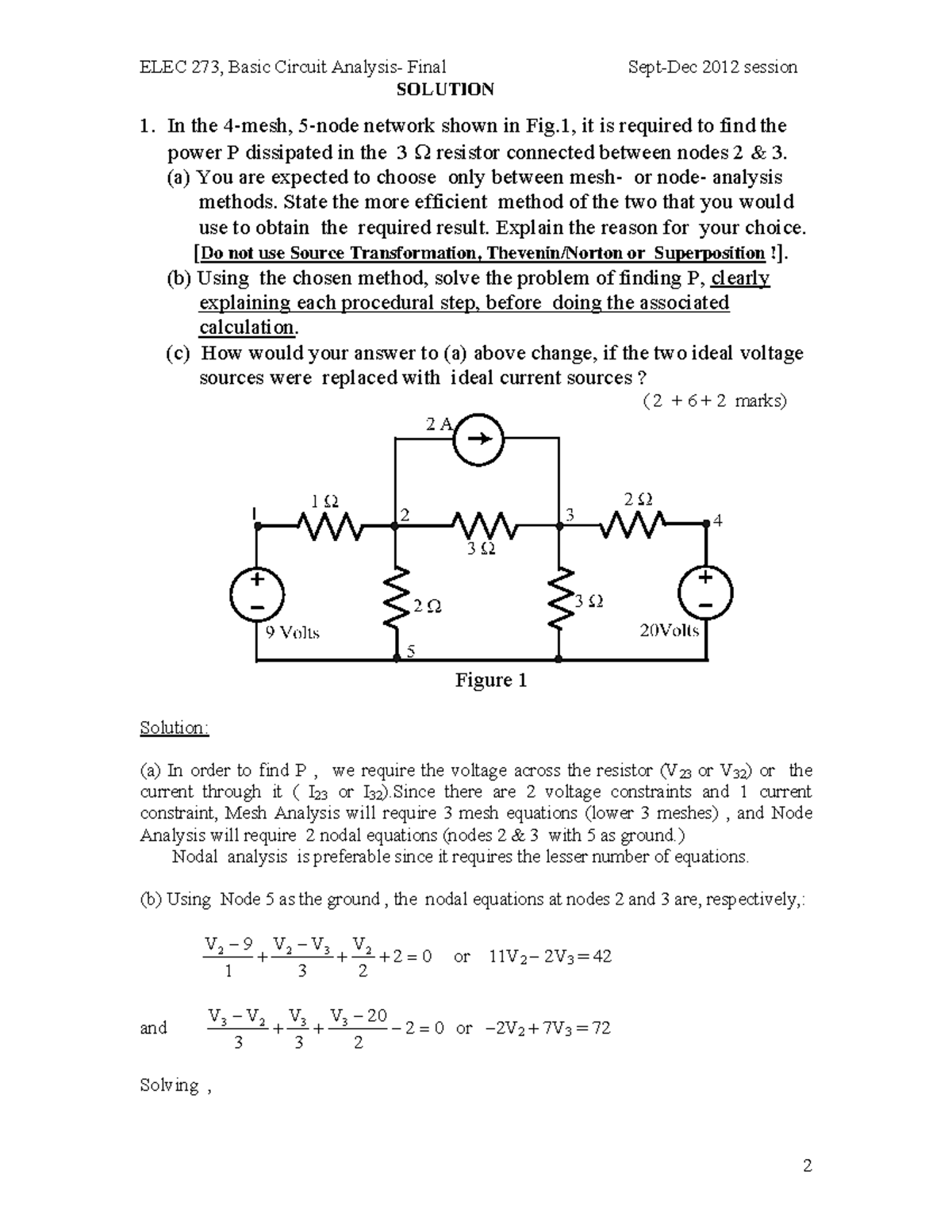 Exam December 2012, questions and answers - ELEC 273, Basic Circuit Analysis- Final SOLUTION ...