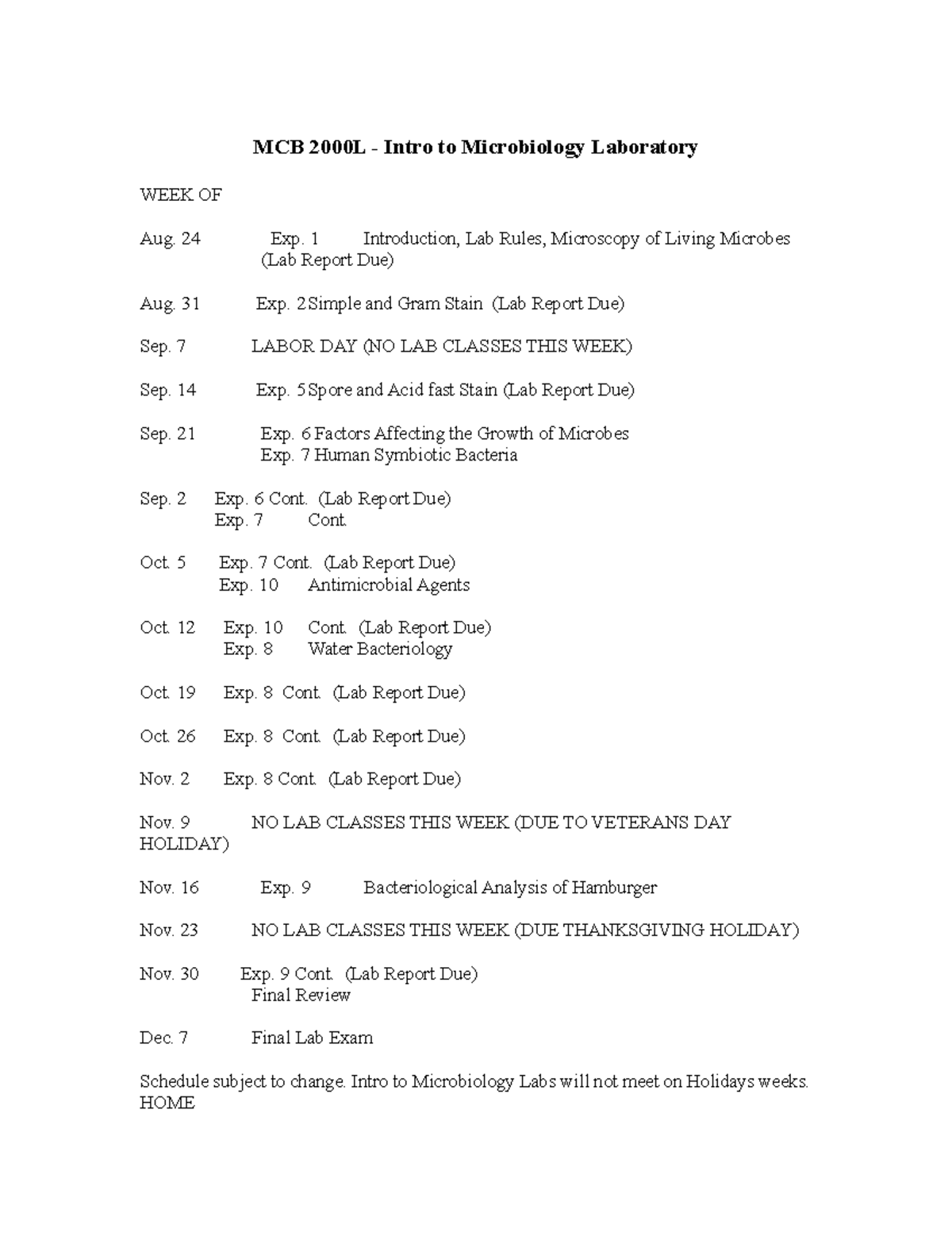 MCB 2000 L Scedule - MCB 2000L - Intro to Microbiology Laboratory WEEK ...