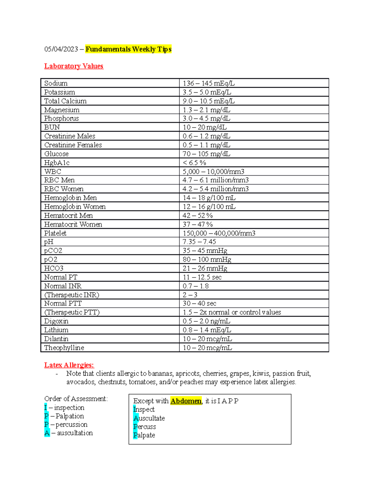 NR446 Week 1 - Notes - 05/04/2023 – Fundamentals Weekly Tips Laboratory ...
