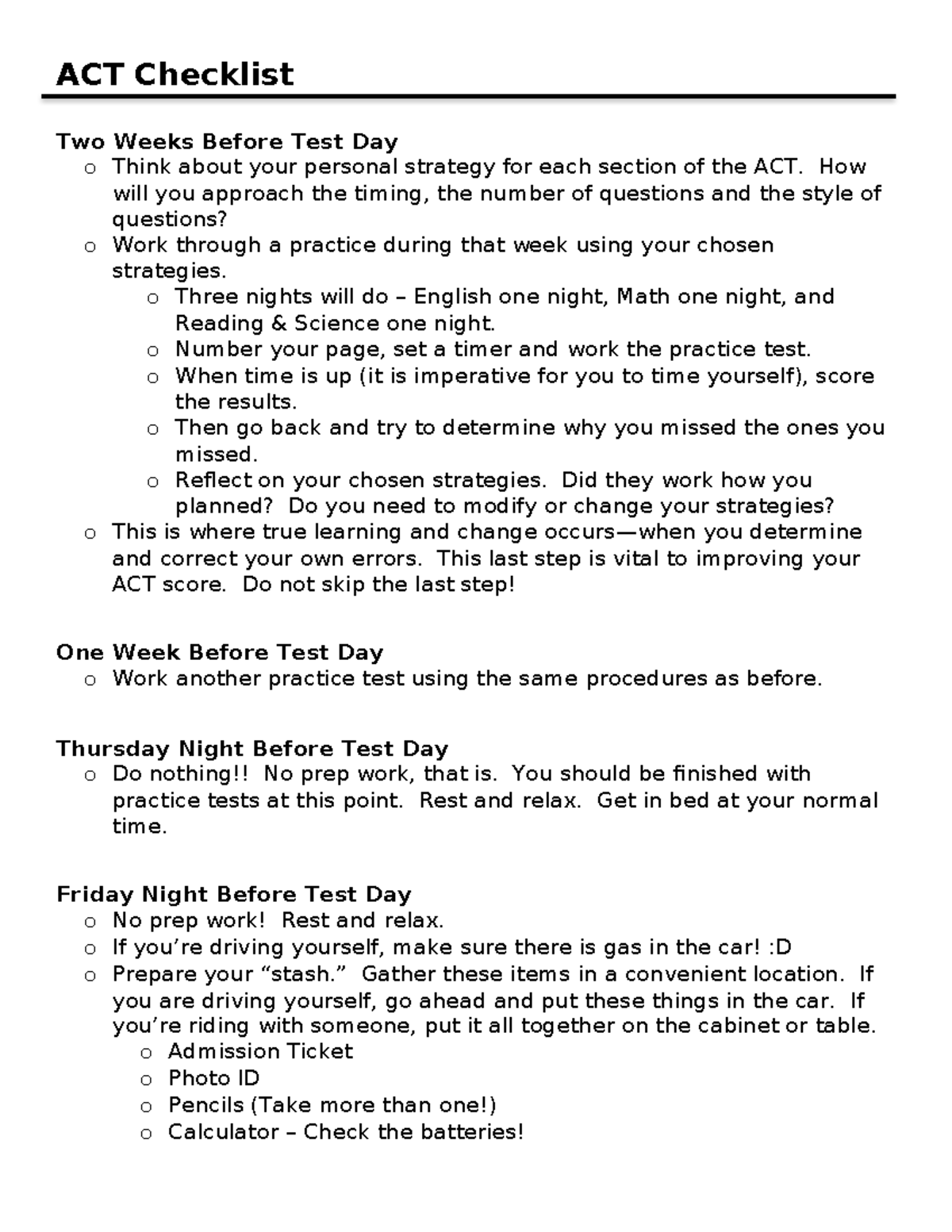 ACT Checklist - ACT Checklist Two Weeks Before Test Day o Think about ...