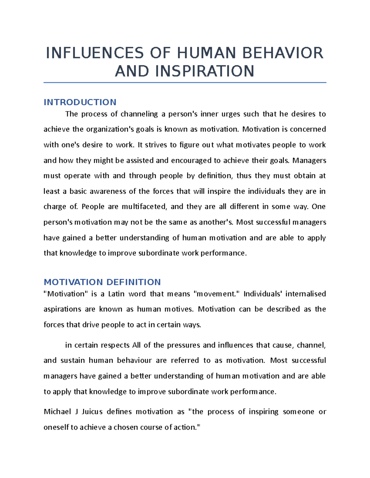 Influences OF Human Behavior AND Inspiration - INFLUENCES OF HUMAN ...