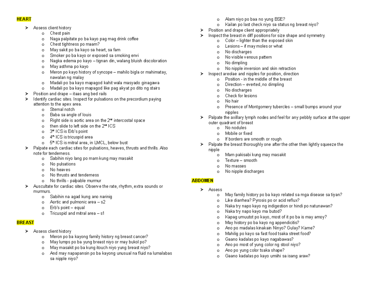 PA Script PT 2 Final - radnom - HEART Assess client history o Chest pain o Naga palpitate po ba ...