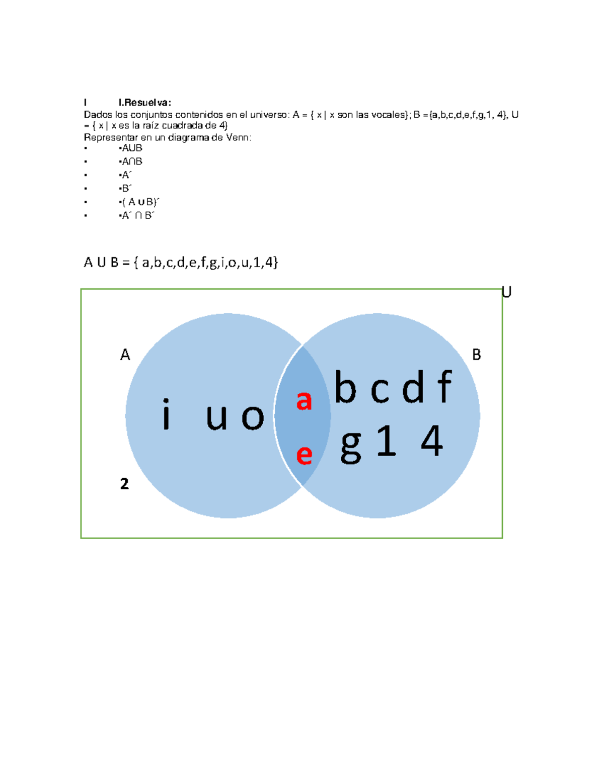 Conjuntos SENA - guia para resolver los ejercios - i u o b c d f g 1 4 I I: Dados los conjuntos ...