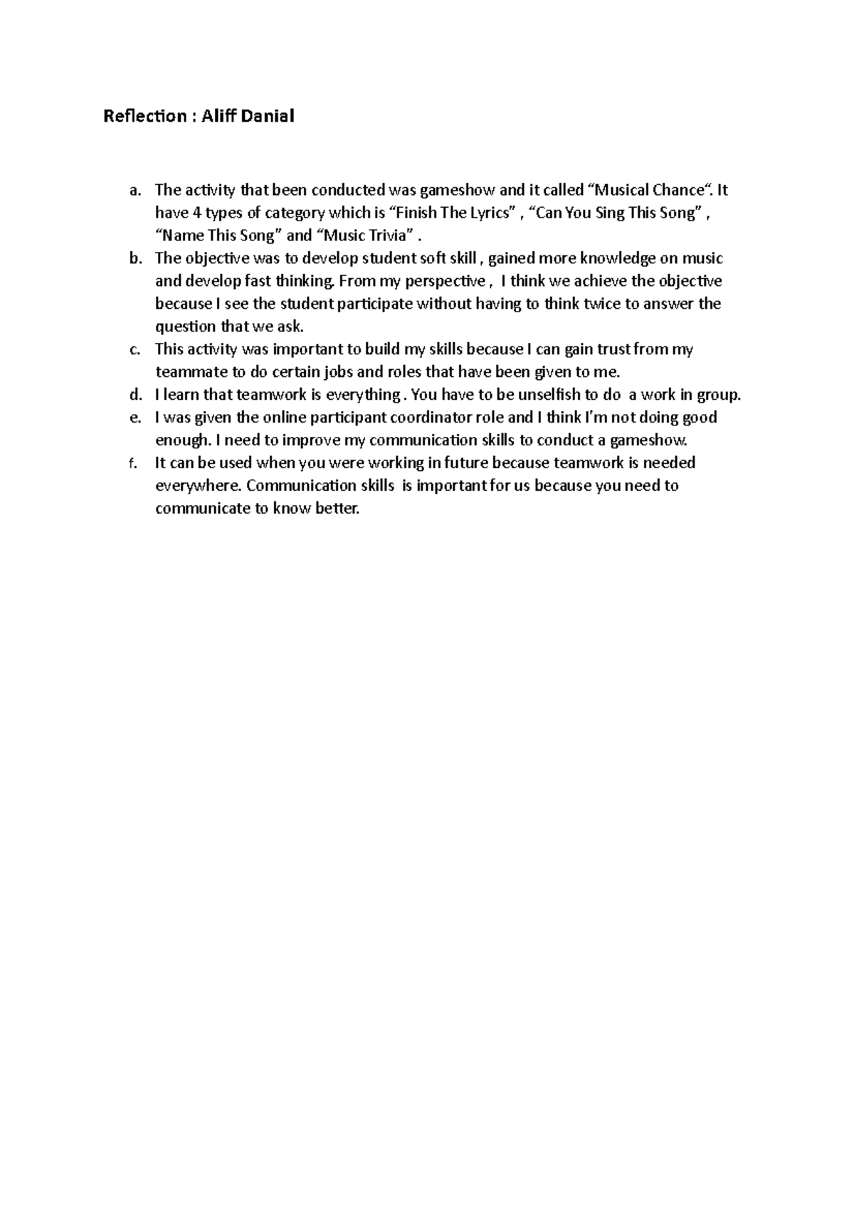 Self-Reflection Aliff - Reflection : Aliff Danial a. The activity that ...