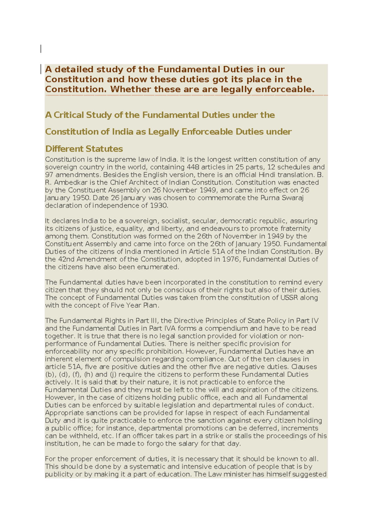 A detailed study of the Fundamental Duties in our Constitution and how ...