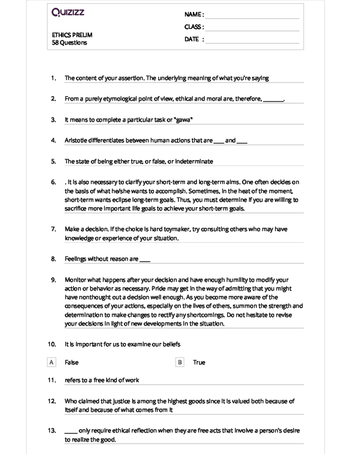 Ethics Prelim (Answer sheet with answer key) - ETHICS PRELIM 58 ...