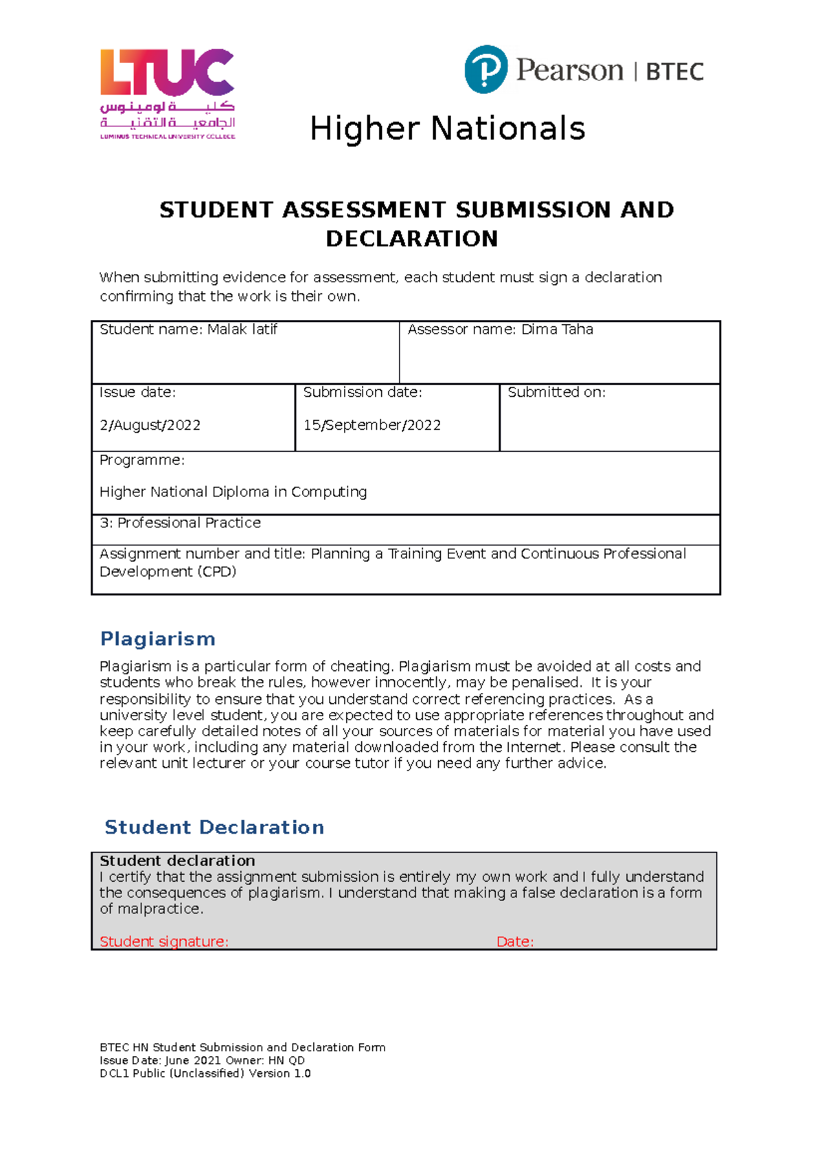 Student Assessment Submission and Declaration - STUDENT ASSESSMENT SUBMISSION AND DECLARATION ...