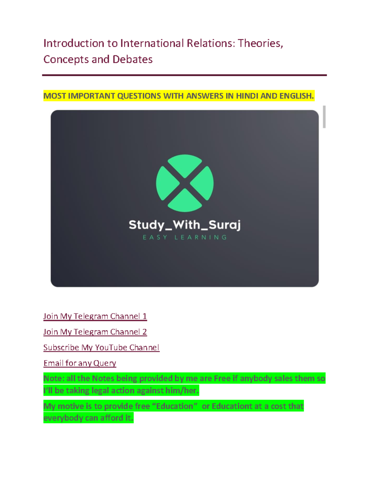 Imp questions - Best - Introduction to International Relations ...