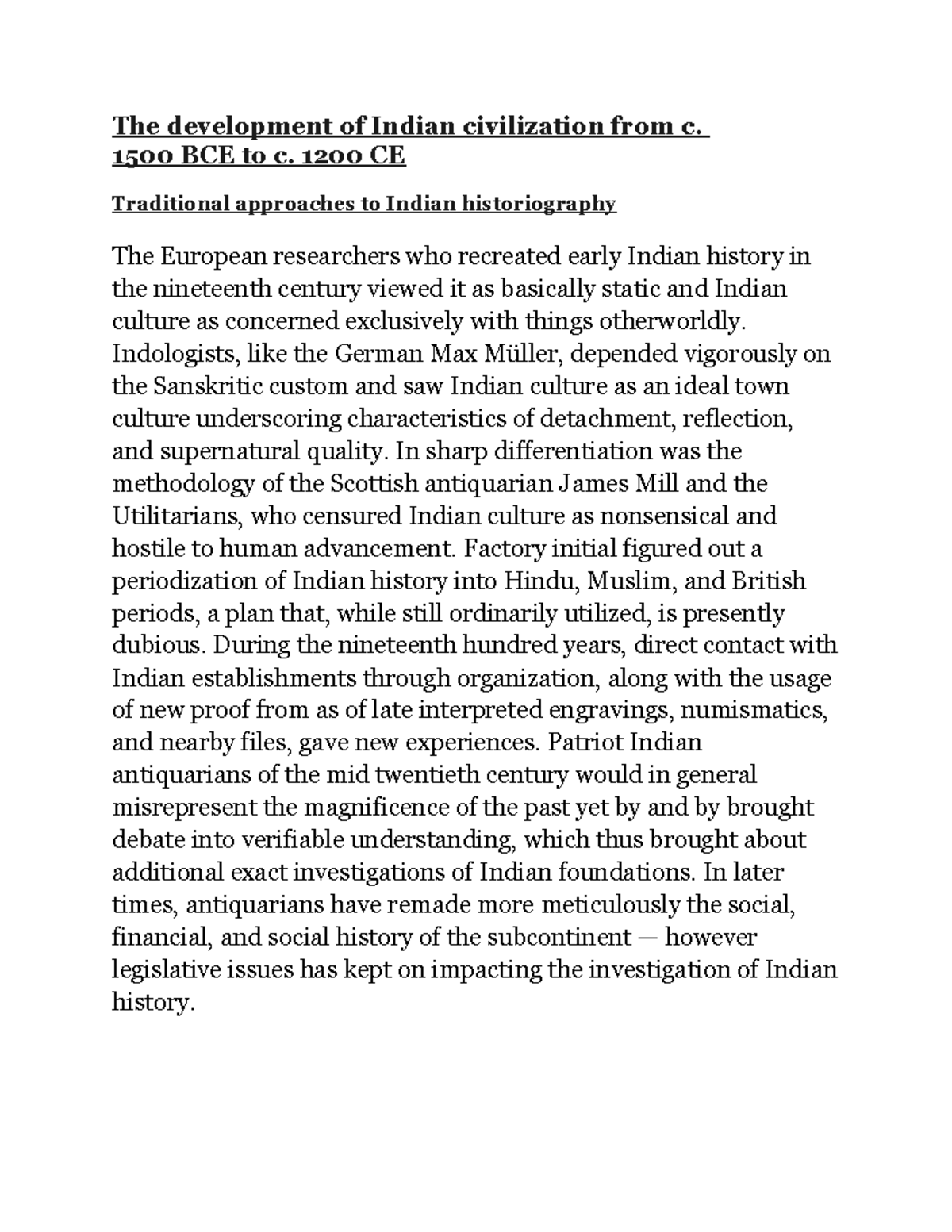 The development of Indian civilization from c. 1500 BCE to c. 1200 CE ...
