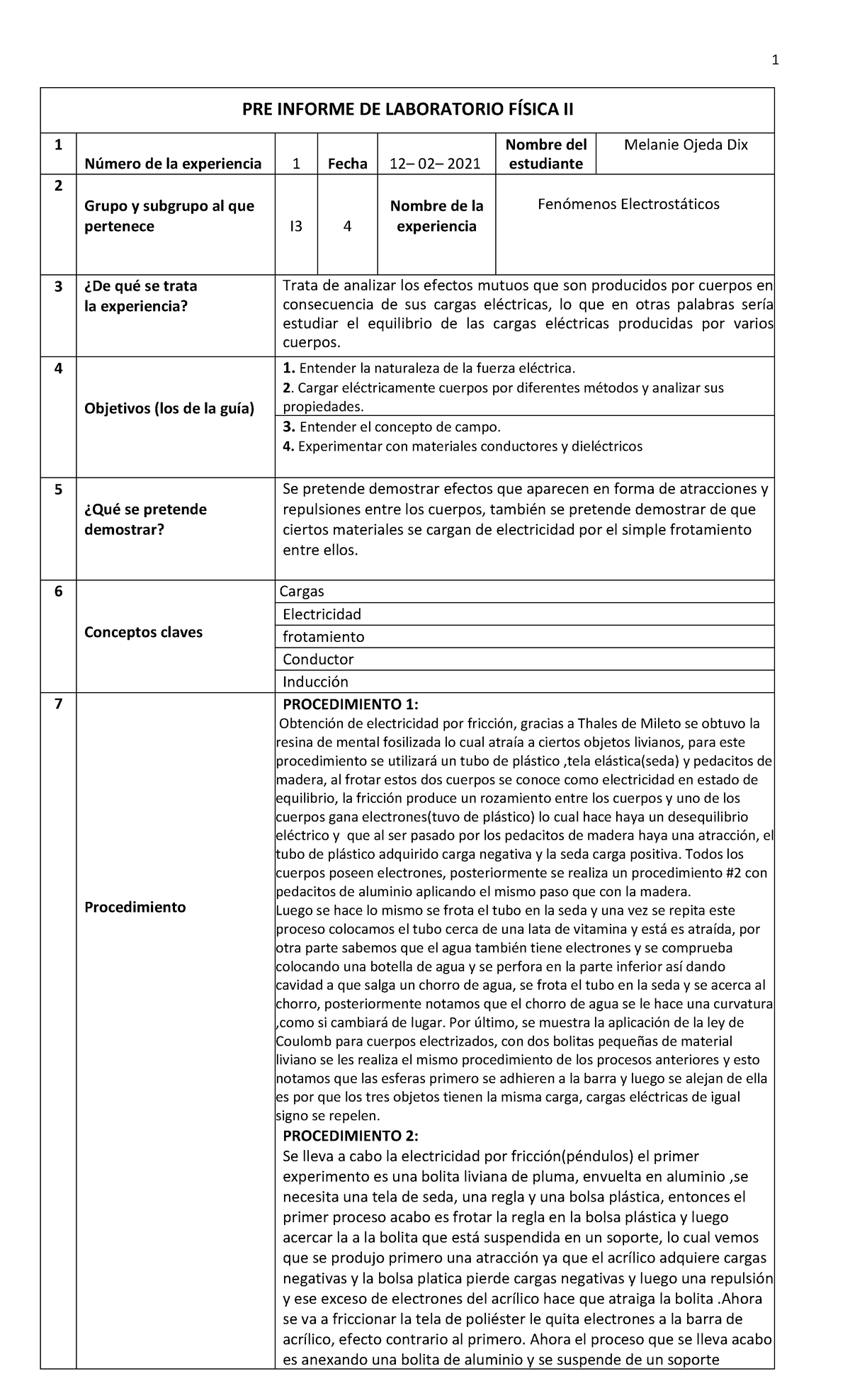 Melanie Ojeda Dix pre informe 1 - PRE INFORME DE LABORATORIO FÍSICA II 1 Número de la ...