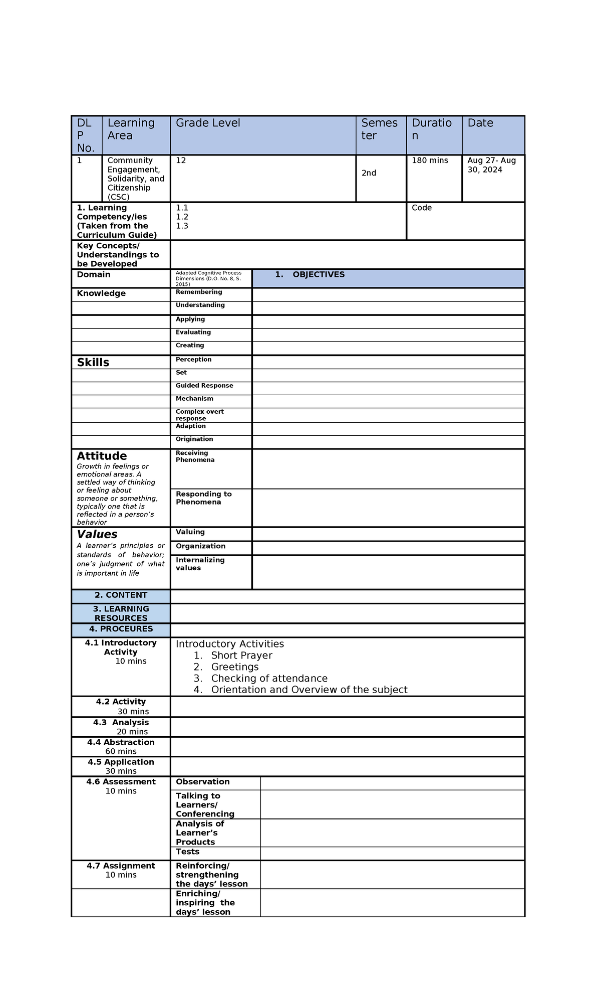 DPL CSC - sample guide - DL P No. Learning Area Grade Level Semes ter ...