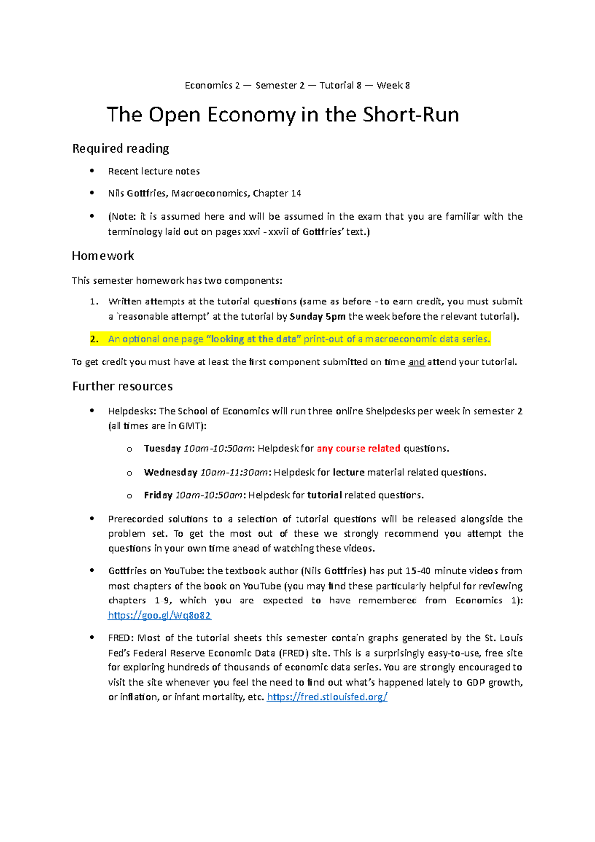 Tutorial 8 - Economics 2 - Macro - Questions - Economics 2 — Semester 2 — Tutorial 8 — Week 8 ...
