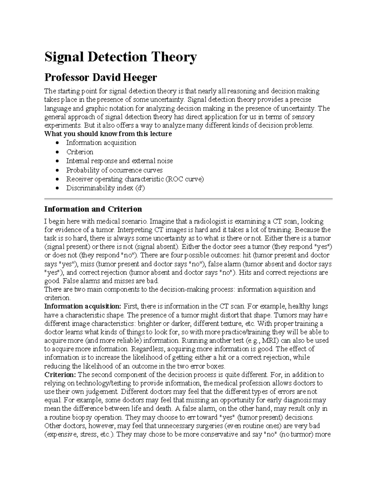 Heeger 2003 - ôn tập - Signal Detection Theory Professor David Heeger ...