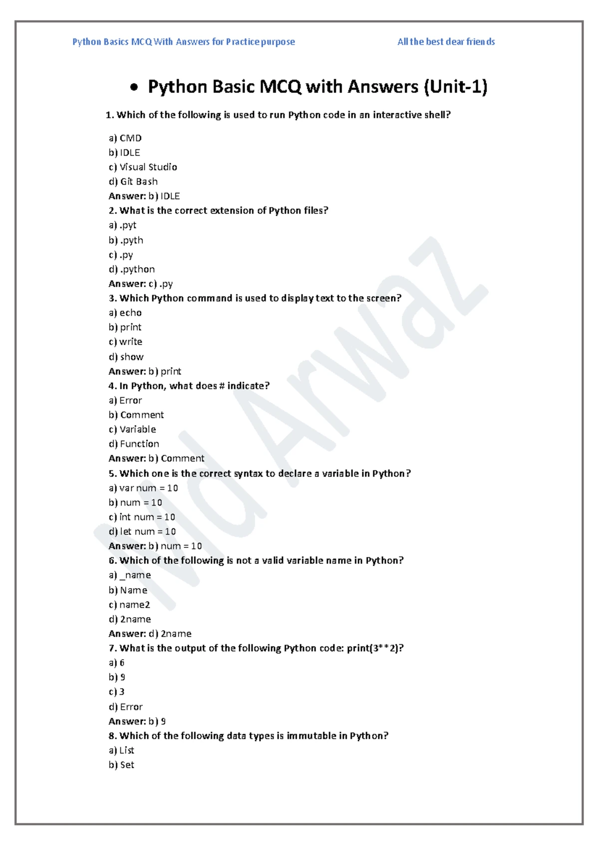 Unit-2 Python Basics MCQ With Answers - • Python Basic MCQ with Answers ...