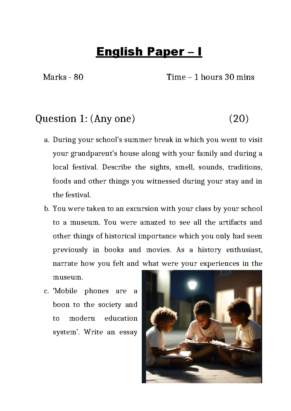 English Question Paper (Class 6) - English Paper – I Marks - 80 Time ...