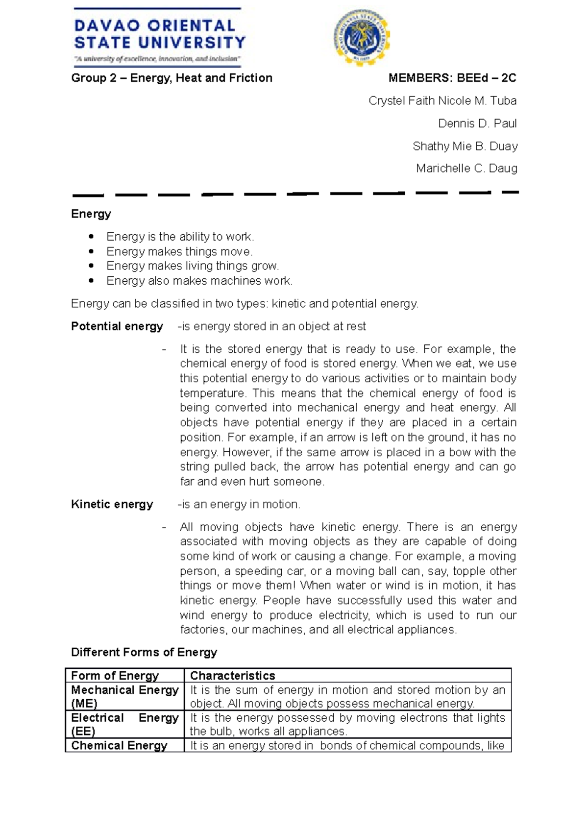 Group 2 Energy, Heat and Friction - Group 2 – Energy, Heat and Friction ...