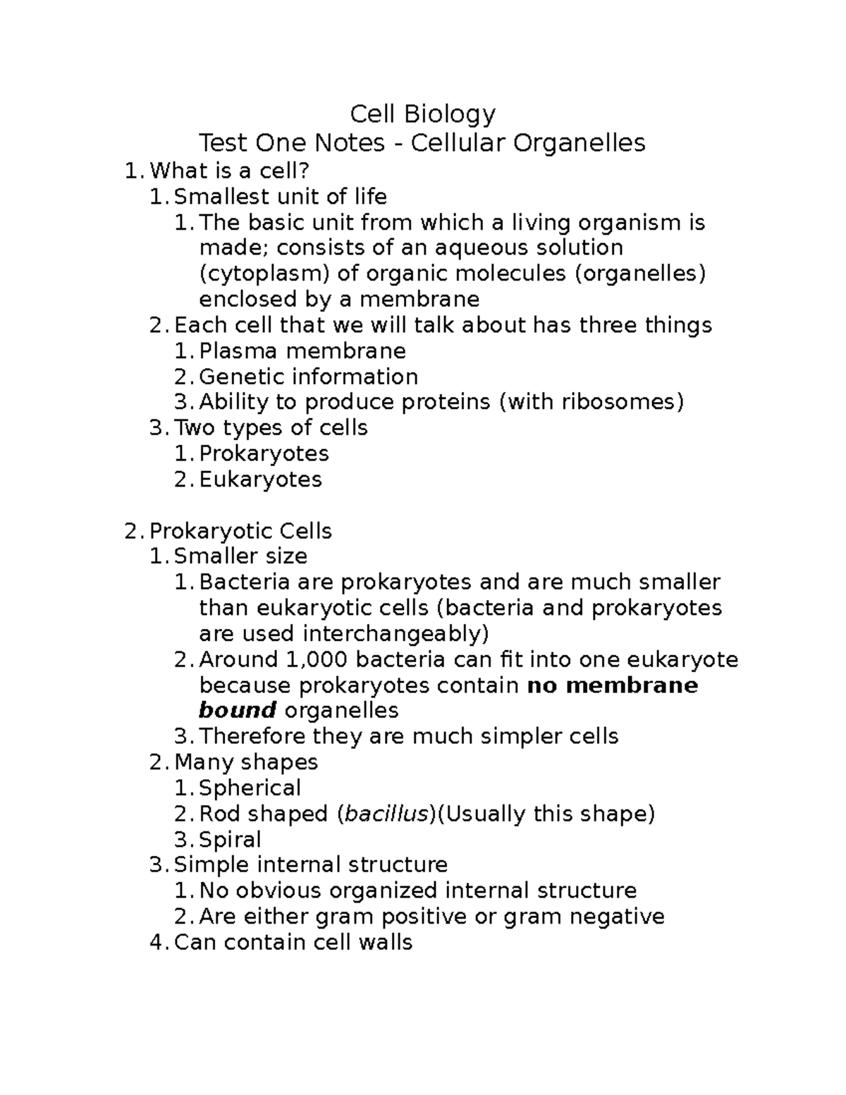 Test 1 Lecture 1 - Cell Biology Test One Notes - Cellular Organelles 1 ...