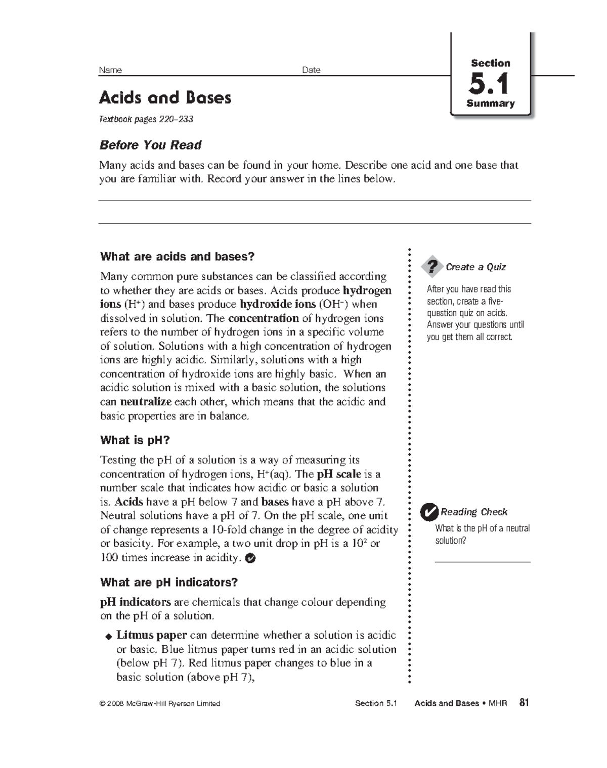5.1 WB 3 - chemical reactions and what ions they produce - Name Date Section 5. Acids and Bases ...