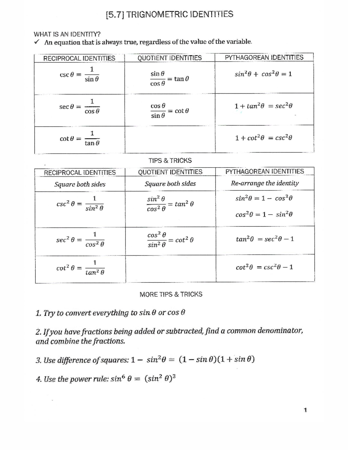 Trignometric Identities - Notes - Studocu