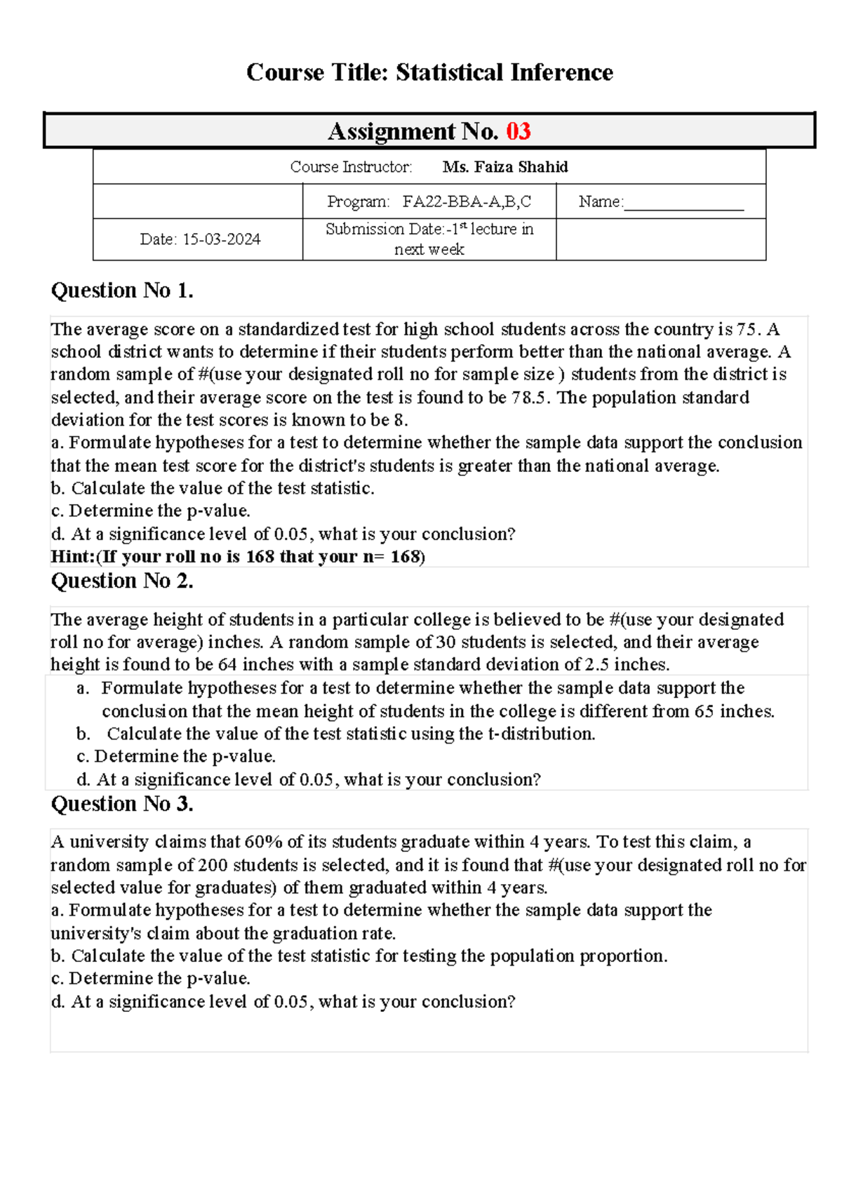 Assignment 3 Notes Course Title Statistical Inference Assignment No 03 Course Instructor