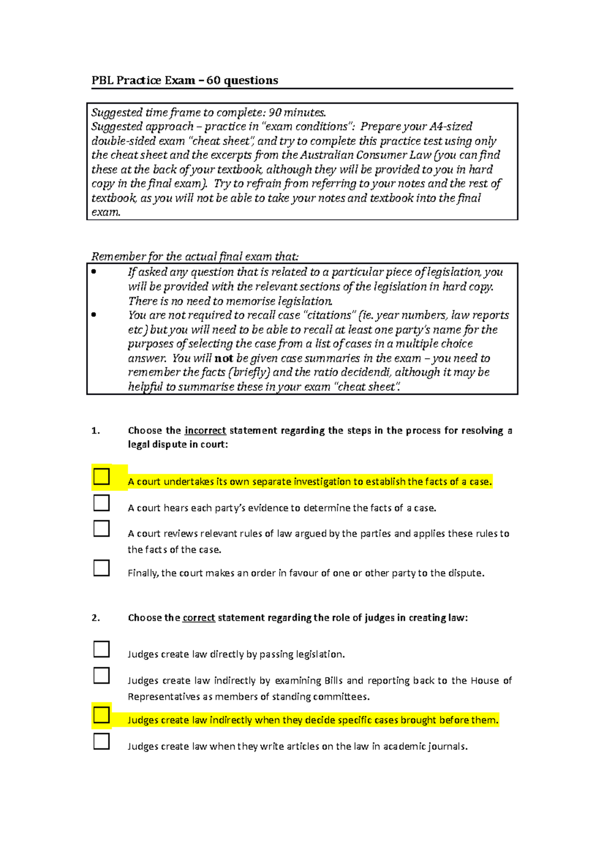 PBL Practice Exam 2018 (with answers) - BLAW10001 - Unimelb - Studocu
