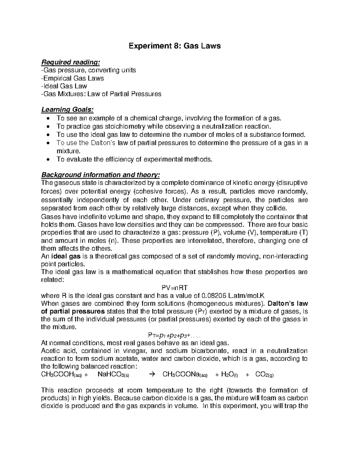 Fundamentals of Chemistry Gas Laws Chapter 8 - Experiment 8: Gas Laws ...