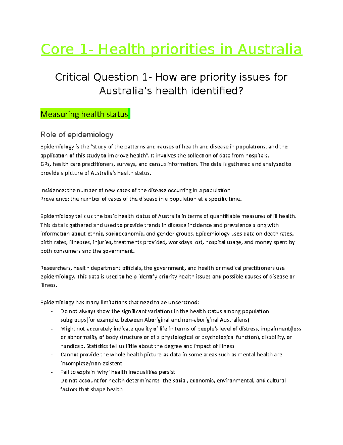 Core 1- Health priorities in Australia - Core 1- Health priorities in ...