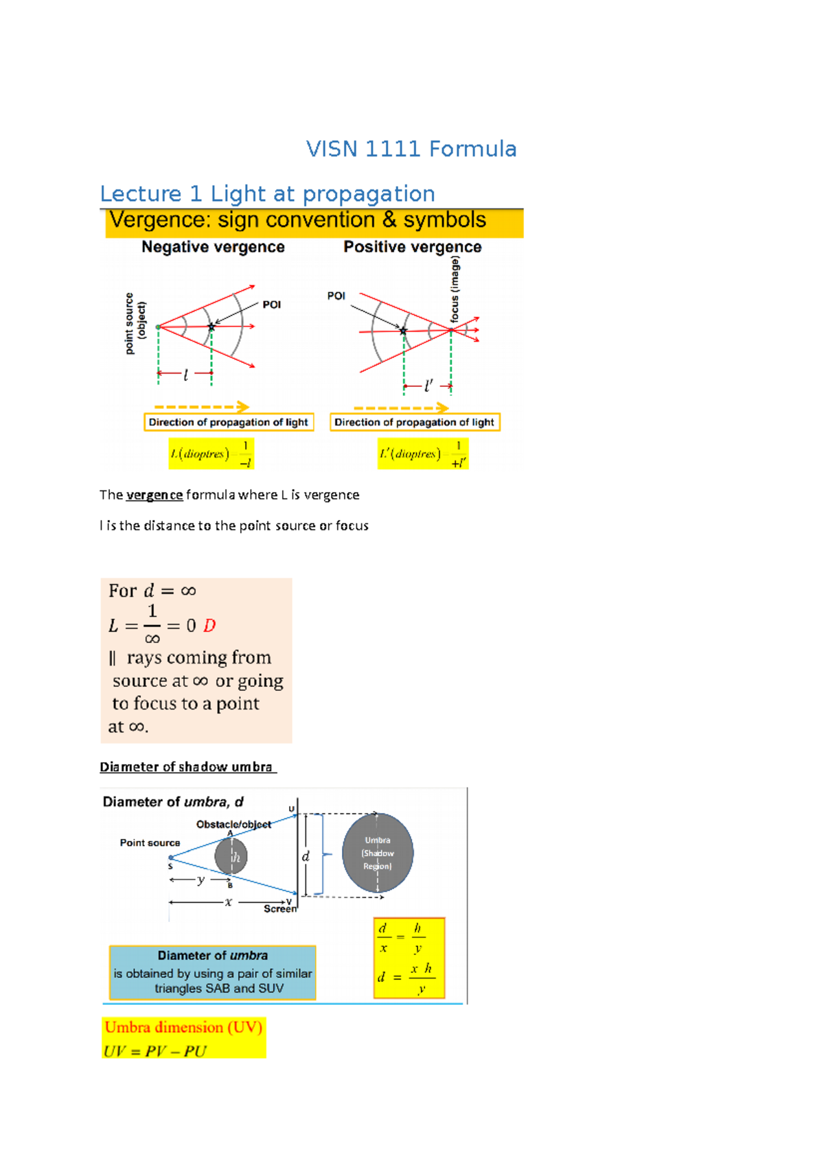 VISN 1111 Equations - VISN 1111 Formula Lecture 1 Light at propagation ...