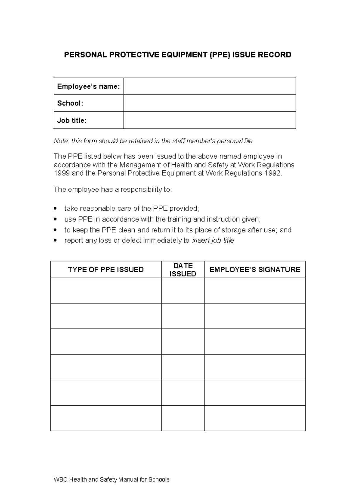 PPE Issue Record Template - PERSONAL PROTECTIVE EQUIPMENT (PPE) ISSUE ...