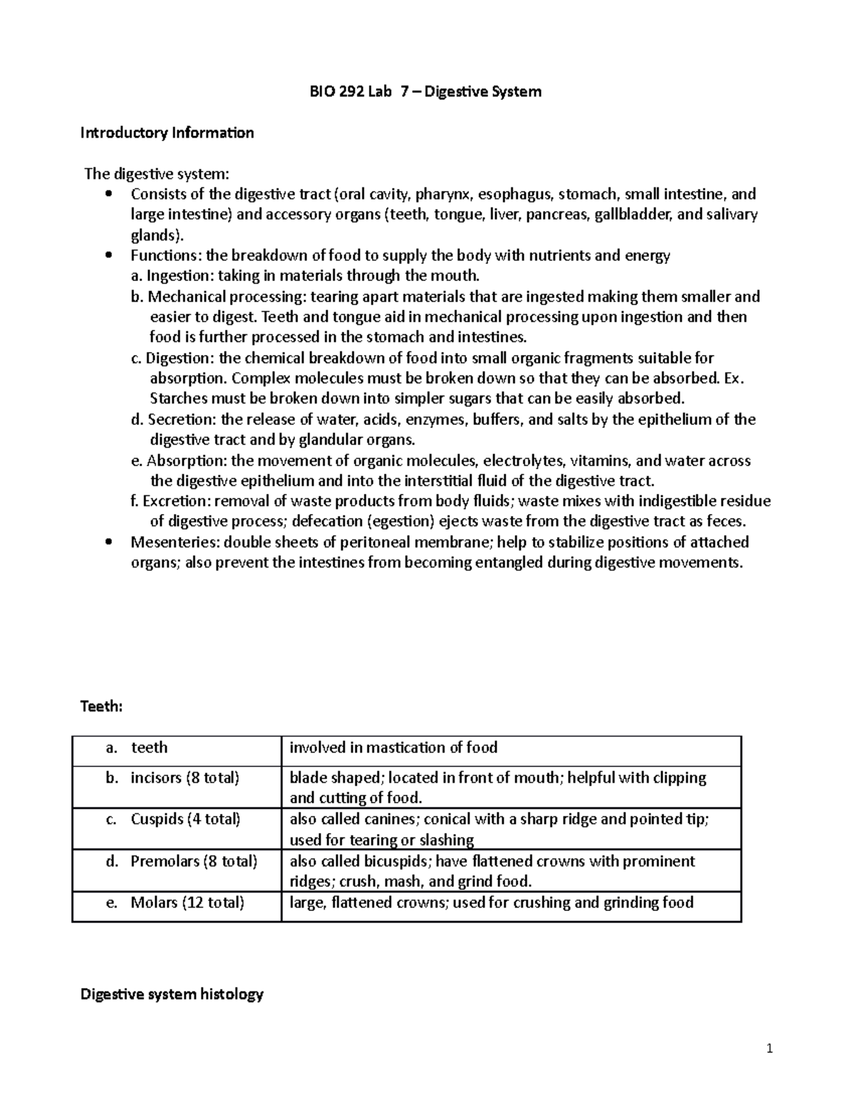 Lab 7 Notes - Lecture note for Lab 7 A&P 2 - BIO 292 Lab 7 – Digestive ...