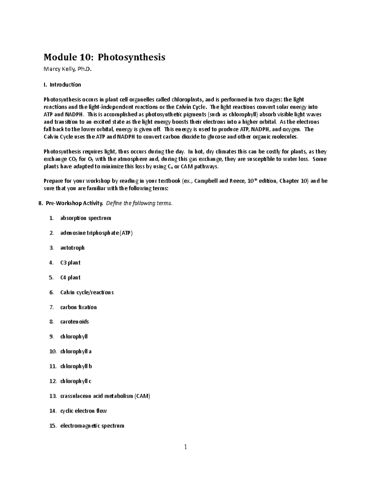 Module 10 Photosynthesis Pre-Assignment - Module 10: Photosynthesis ...