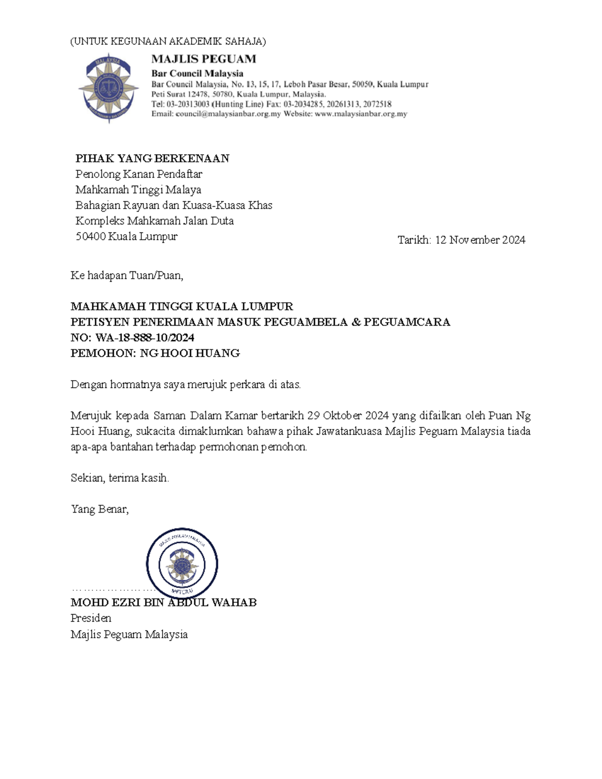 Surat Tiada Bantahan MBAR - (UNTUK KEGUNAAN AKADEMIK SAHAJA) PIHAK YANG ...