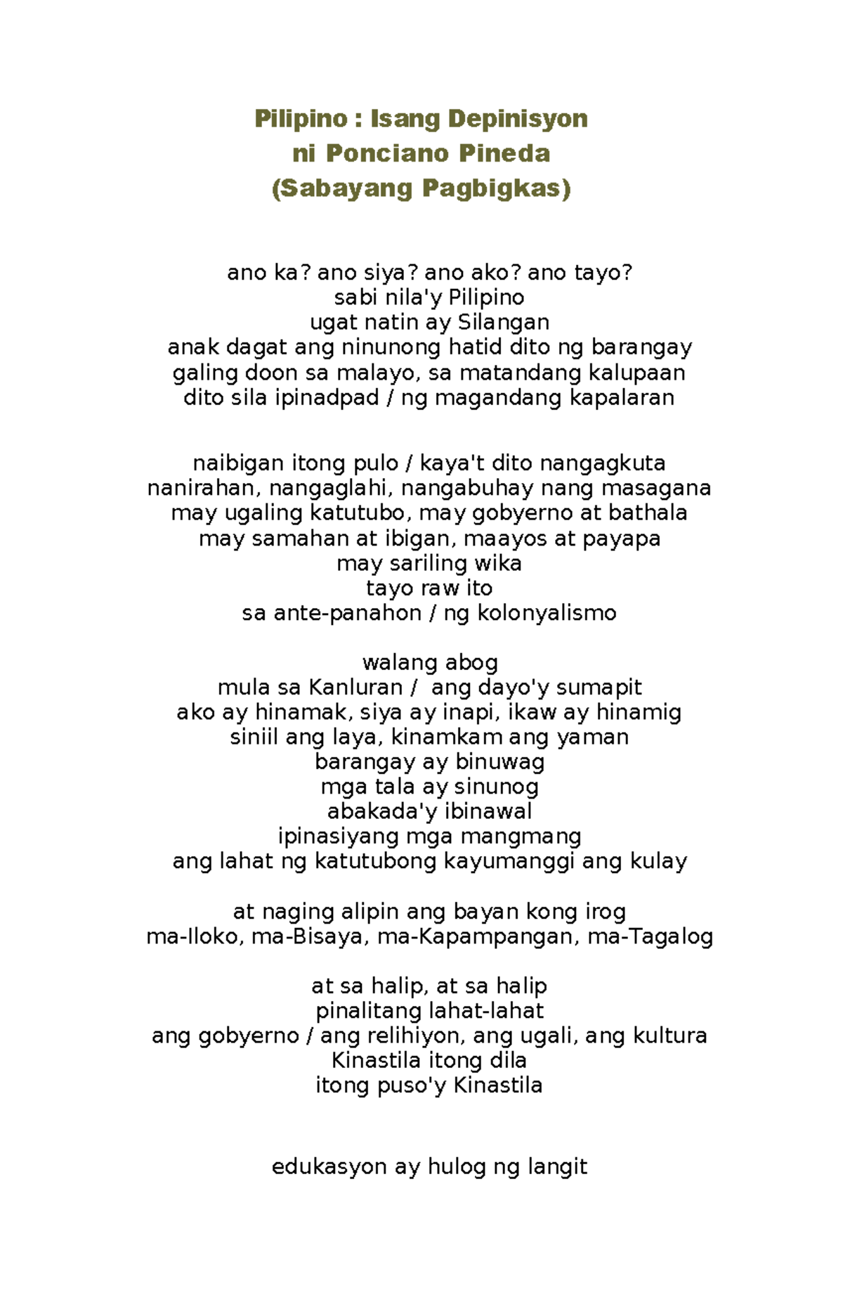 Madulang Sabayang Pagbigkas 2023 2024 SHS - Pilipino : Isang Depinisyon ...